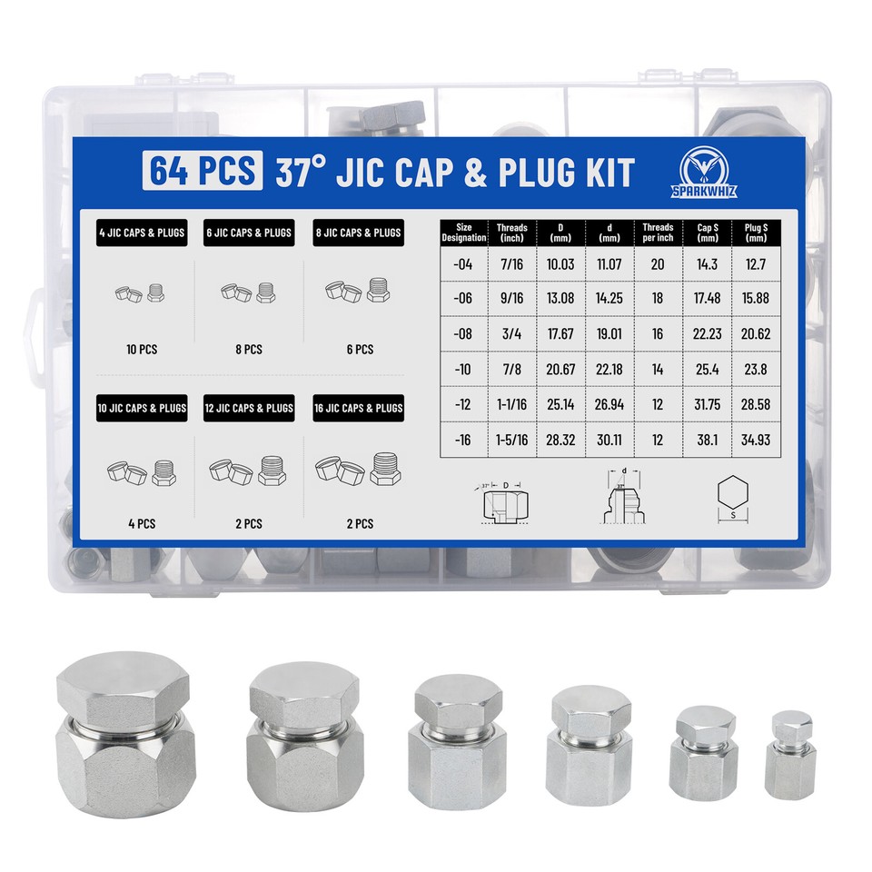 JIC Hydraulic Cap and Plug Kit Hose Tube and Pipe Fitting Set with Case ...