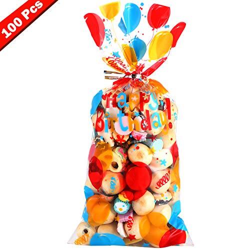 100 Pieces Birthday Party Treat Bags Bright Balloon Print Clear Plastic ...