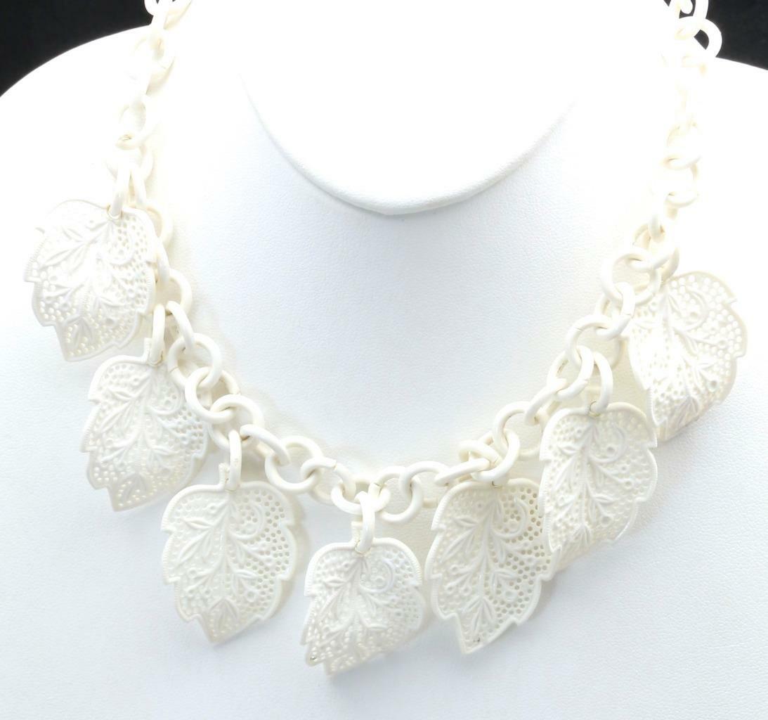 Vintage 50s Whimsical White Dangling Plastic Lacy Leaves Chain Necklace ...