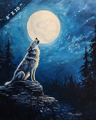 Realistic Wolf Howling 8x10 Matte Print Painting - Full Moon Wildlife ...
