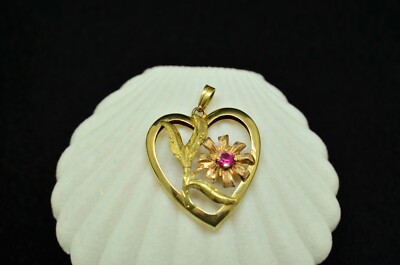 10K Yellow Gold open heart w/ pink ruby stemmed flower design pendant ...