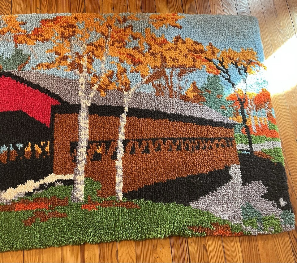 Vtg Shillcraft Latch Hook Rug Wall Art 36x59” Covered Bridge Complete ...
