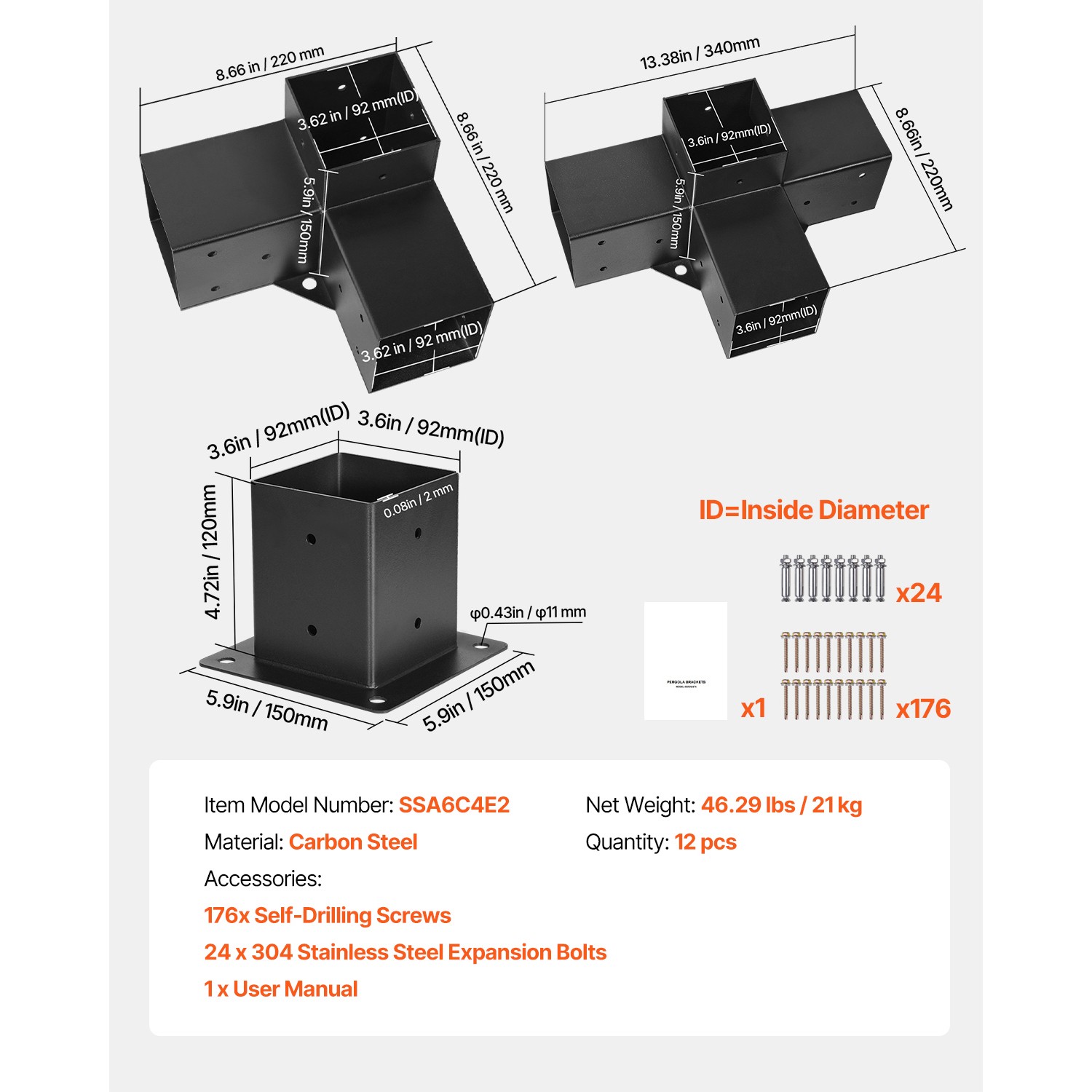 Uimoso 4x4 Pergola Bracket Kit 3.5x3.5 Inner, 3- & 4-Way Brackets with ...