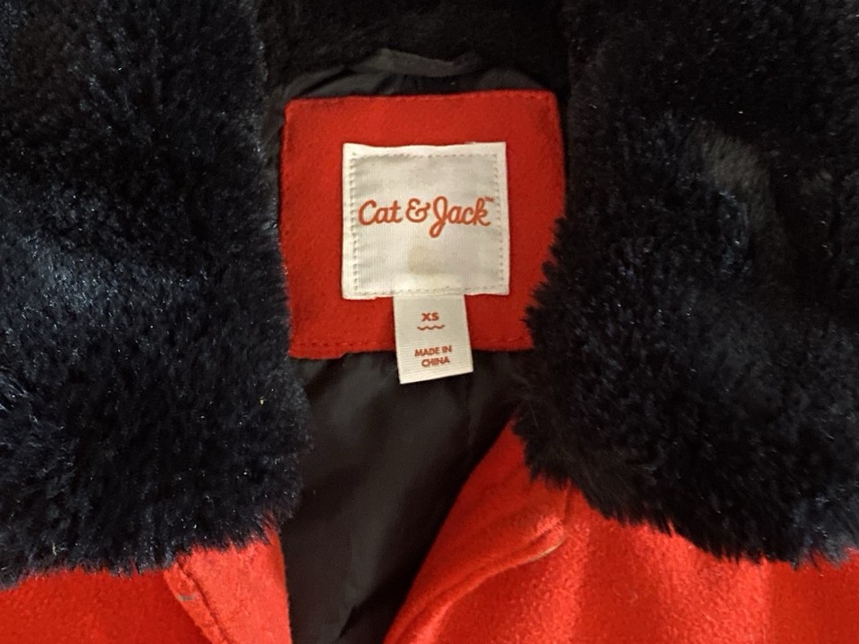 Cat and Jack Red Jacket Pea Coat Girls with Faux Fur Lined Hood Size XS ...