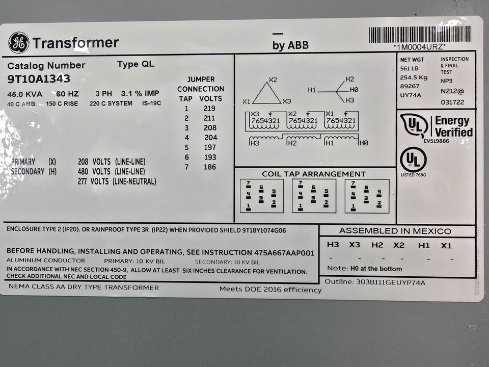 NEW 45 KVA STEP UP Dry Transformer 208 Delta to 480Y/277 GE/ABB ...