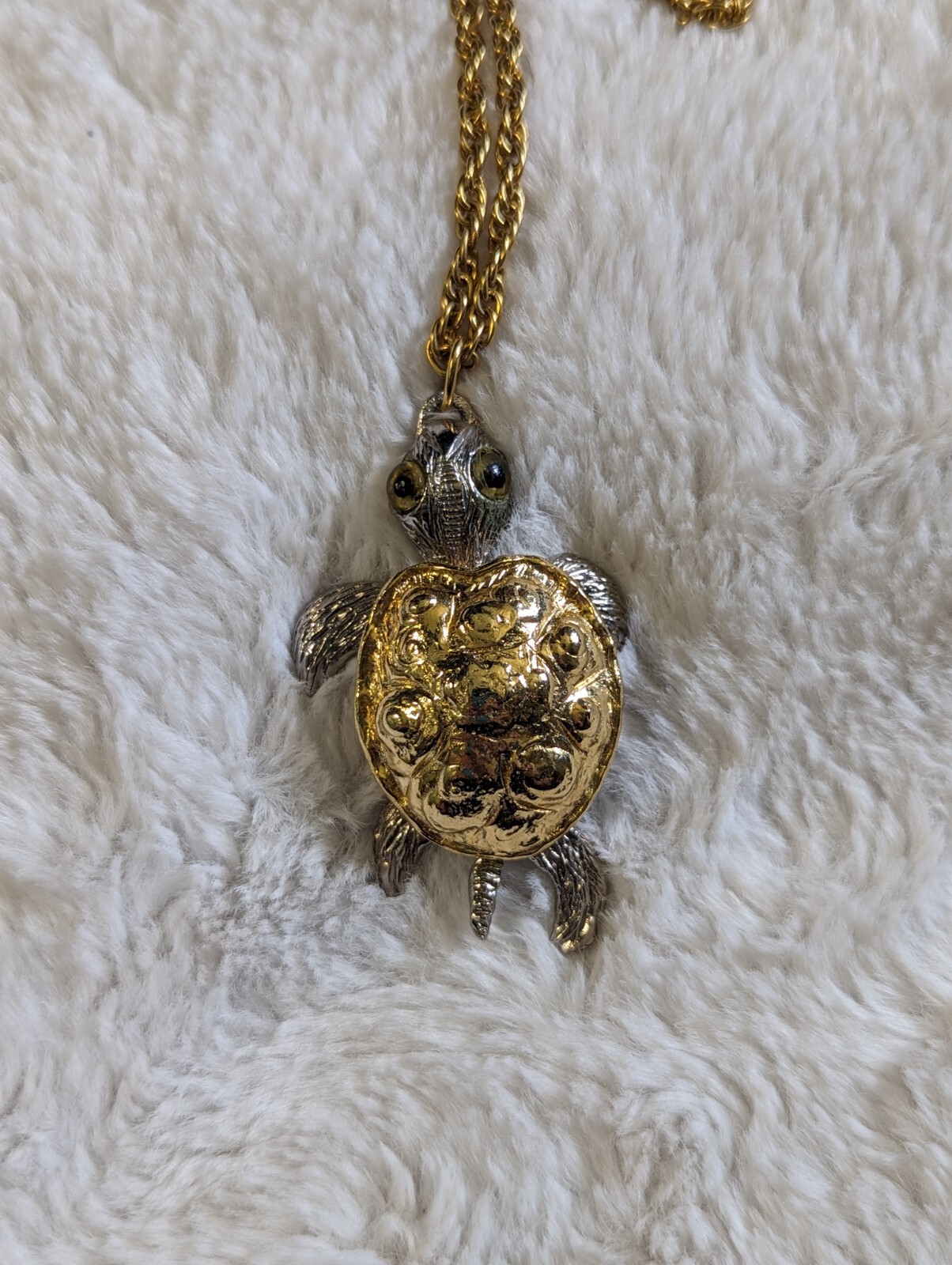 Vintage Two Tone Articulated Turtle Pendant with Chain - Gem