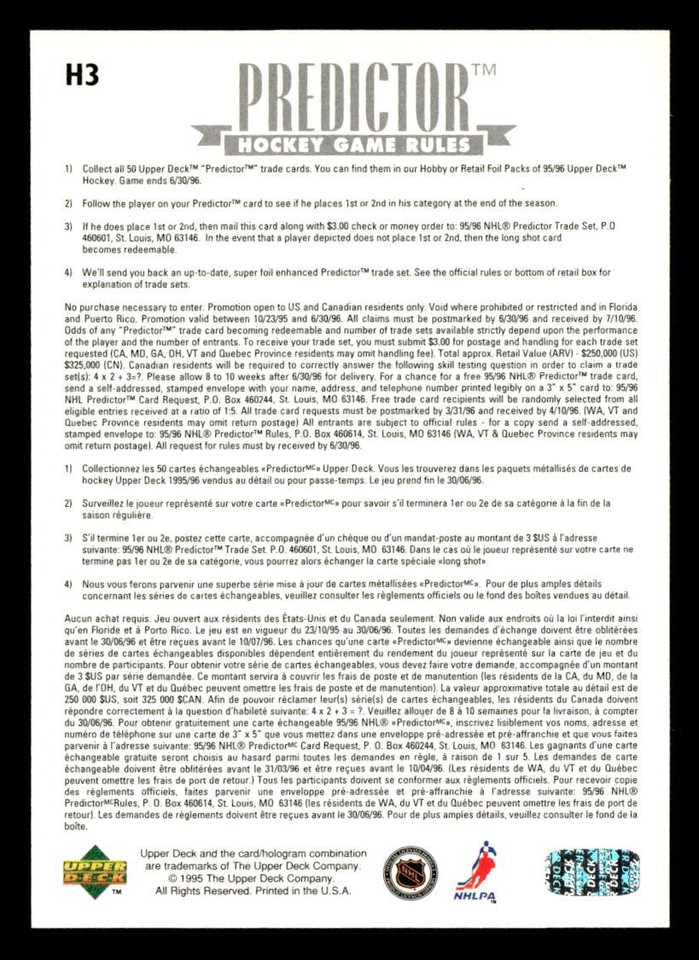 Paul Coffey 1995 Upper Deck Award Predictor Card #H3 Detroit Red Wings ...