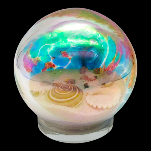 Hand Blown Art Glass Paperweight, 3.5" Colorful Iridescent Sea Shells ...