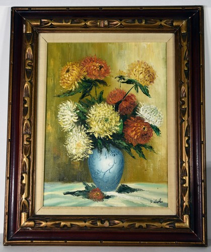 15" Oil Painting Canvas Signed Nicolas Still Life Blue Vase ...