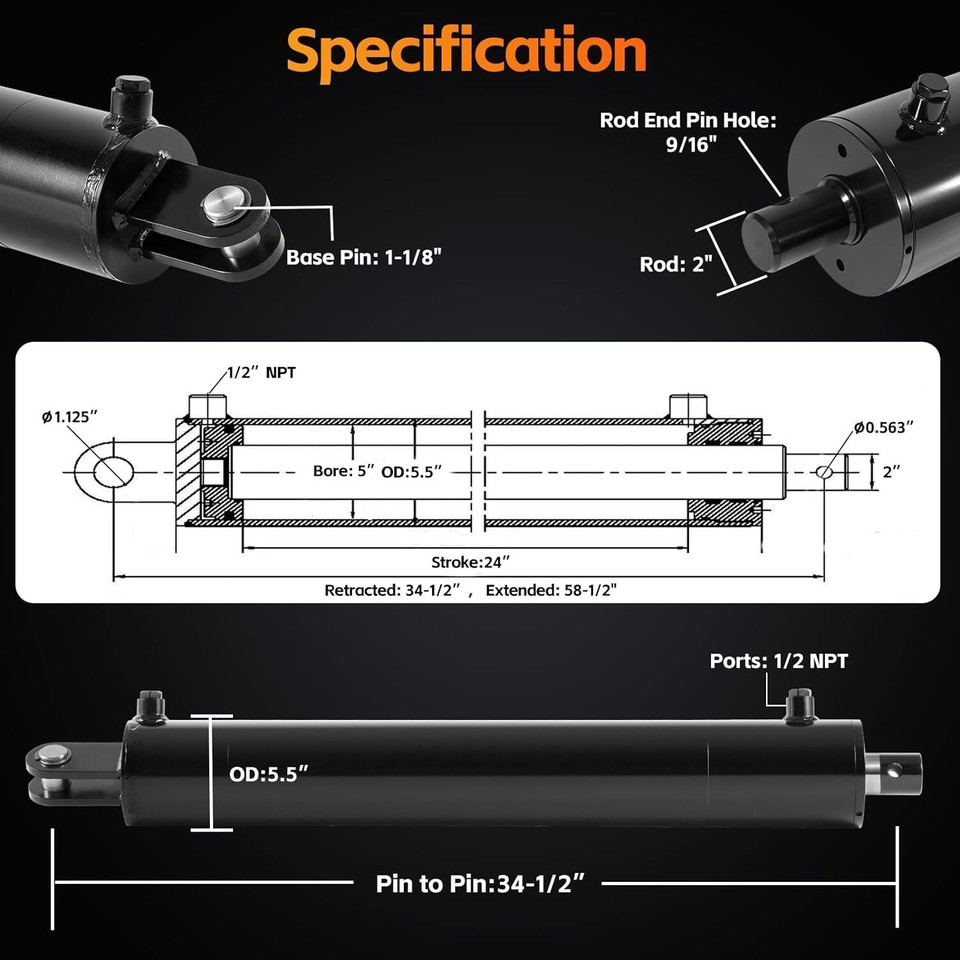 5"x24" Hydraulic Cylinders Log Splitter Cylinder For Log Splitter ...