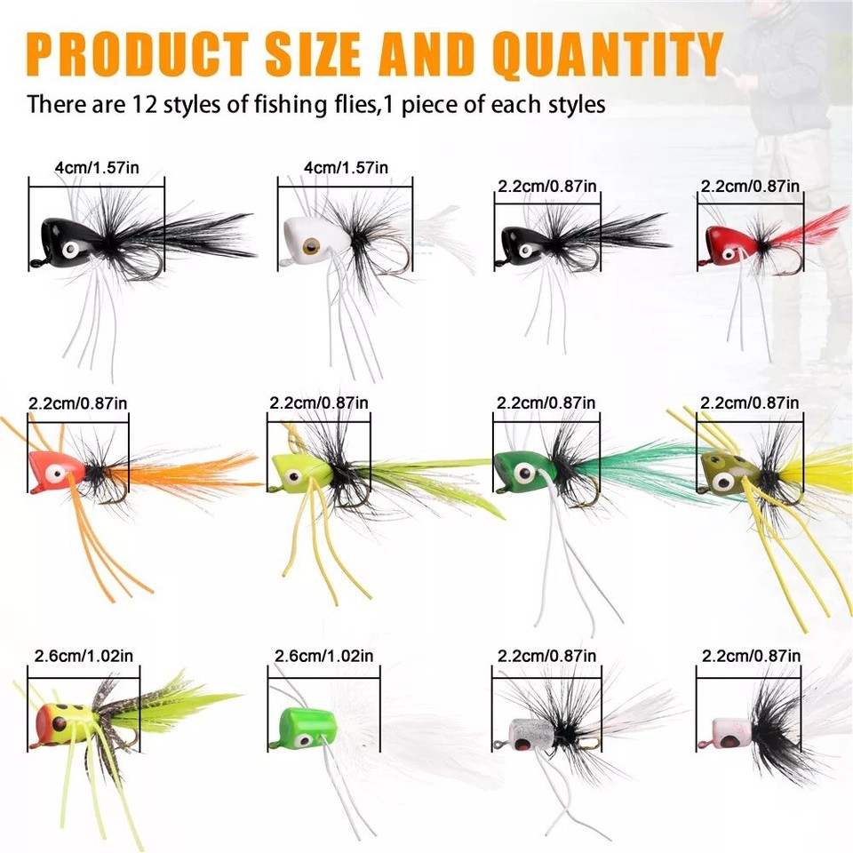 Fly Poppers, 12pcs Topwater Fishing Lures Bass Panfish Popper Flies ...