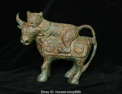 Old Chinese Antique Bronze Ware Dynasty Animal Tiger Bull Oxen Statue ...