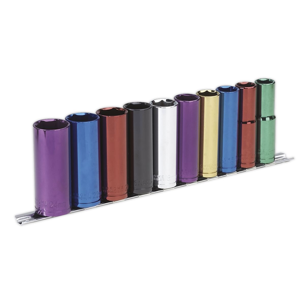 Sealey Metric Multi Coloured Socket Set 10pc 1/2"Sq Drive 6pt Deep ...
