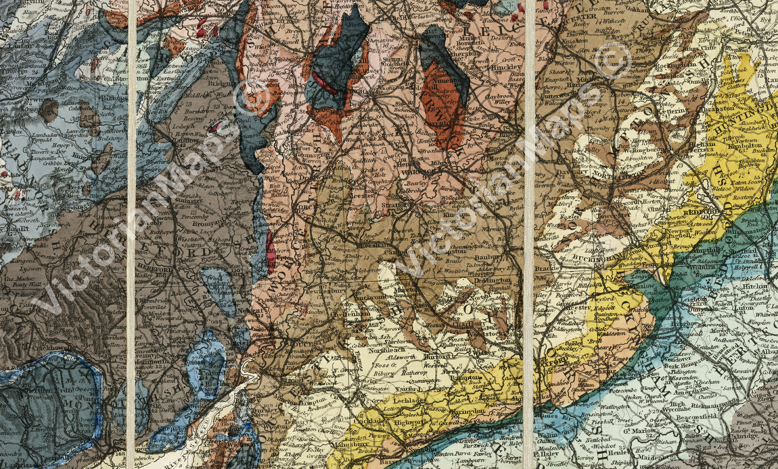 antique Victorian geological map England Wales Ravenstein 1865 art ...