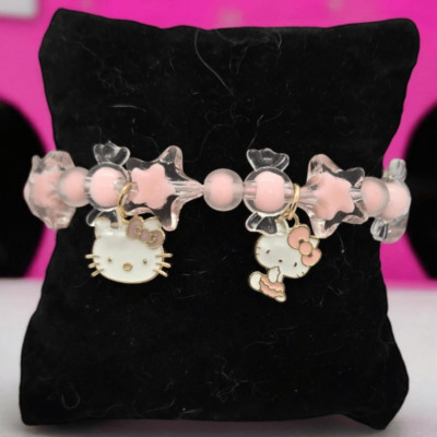 Hello Kitty Pink Resin Beaded Charm Bracelet Pendant Cat Stretchy Band ...