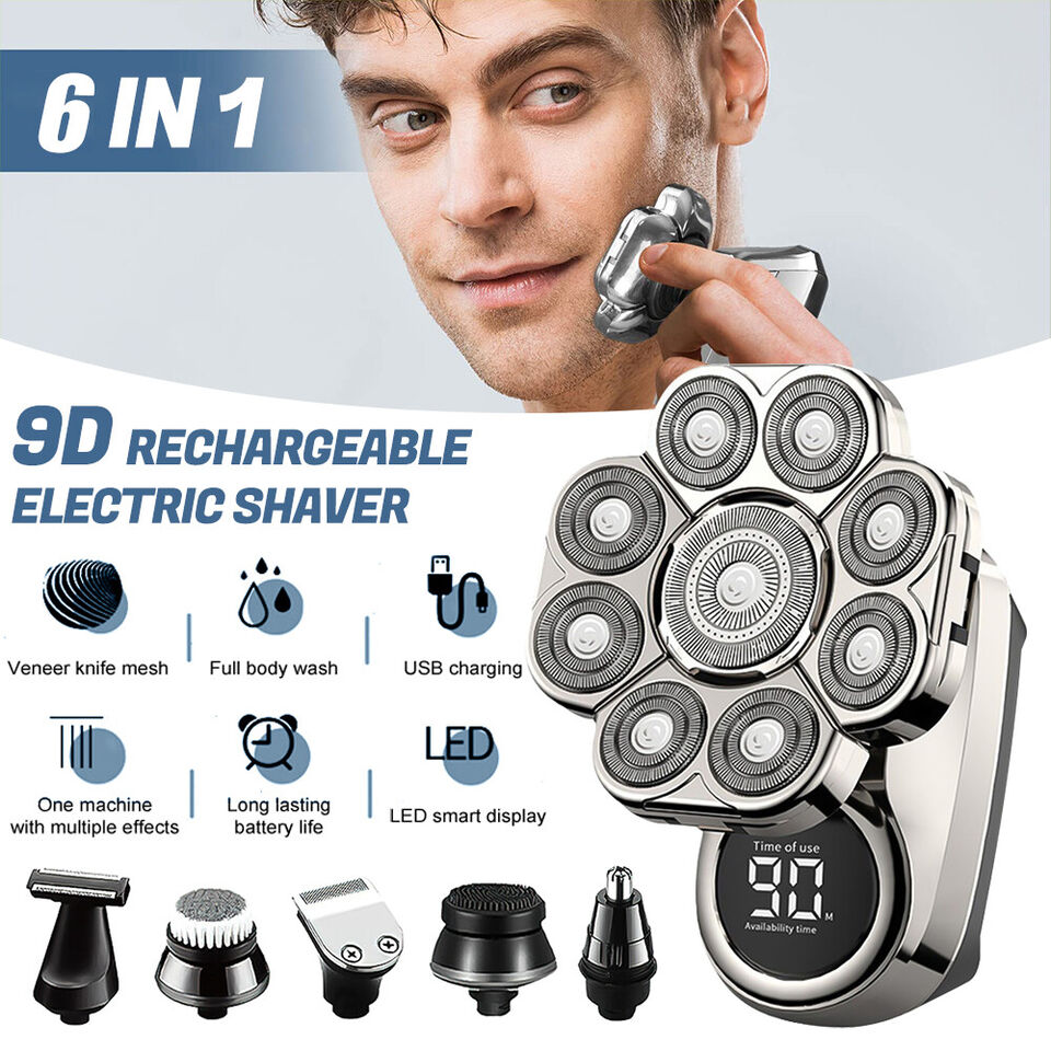 9D Rotary Electric Shaver 6IN1 Cordless Hair Trimmer Bald Head Razor ...