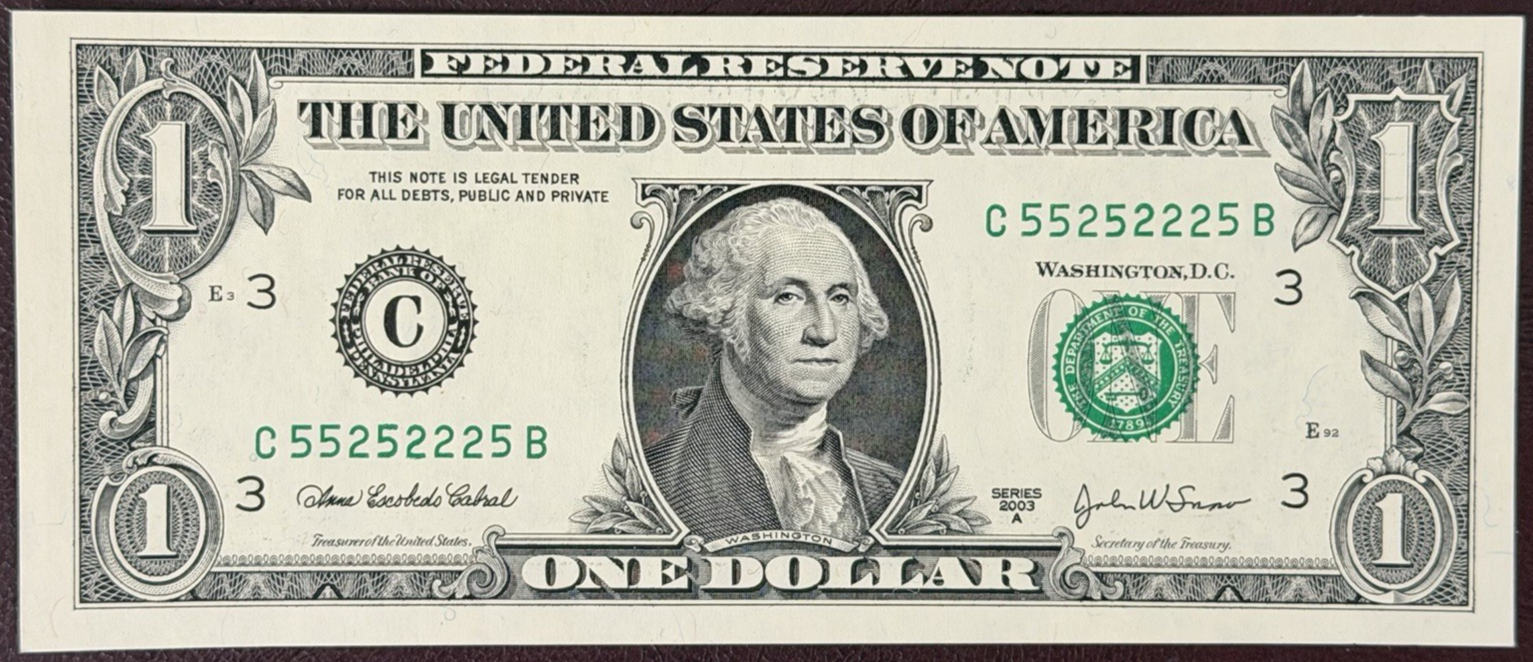 BINARY, 4 of a Kind 5s and 2s, UNC $1 One Dollar, Fancy Serial Number ...