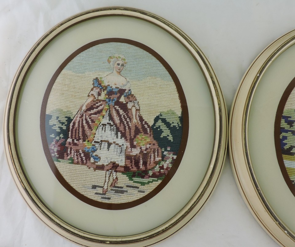 ANTIQUE VICTORIAN NEEDLEPOINT PETIT POINT MAN WOMAN OVAL FRAME WALL ...