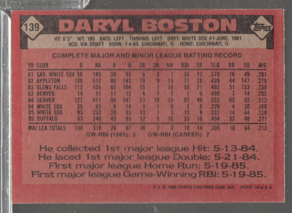 Daryl Boston White Sox Autographed 1986 Topps #139 w/COA 100523NPCD191 ...