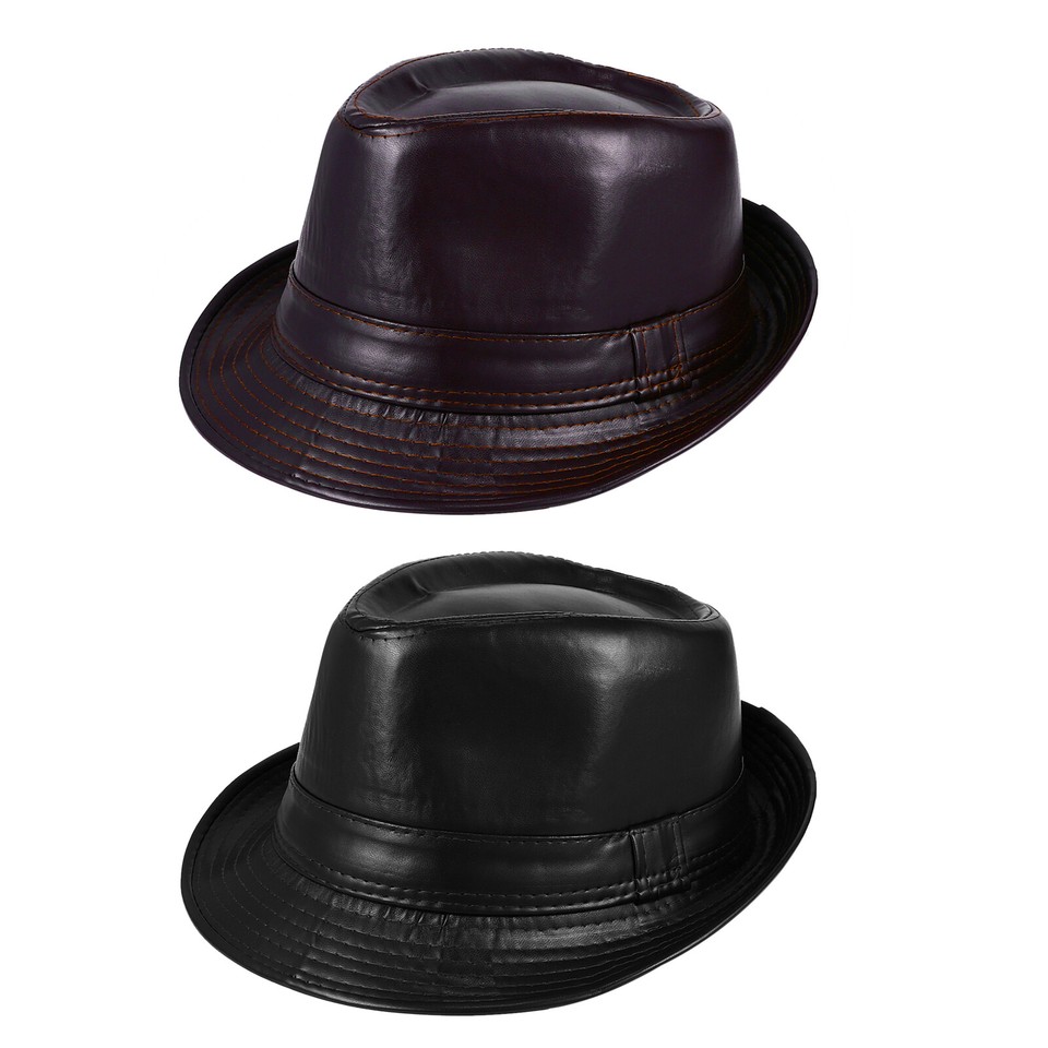 Men's Classic PU Leather Fedora Gangster Trilby Hat Short Brim Panama ...