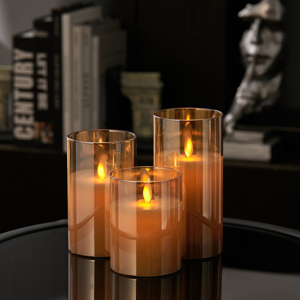 3 LED Candles Set With Remote Control Timer Flameless Flickering Glass ...