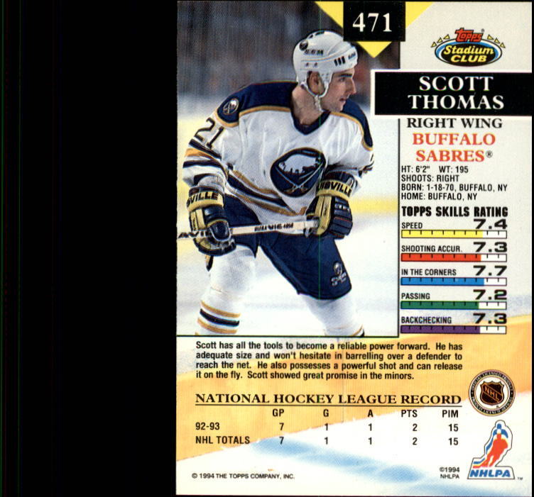 1993-94 Stadium Club Buffalo Sabres Hockey Card #471 Scott Thomas ...