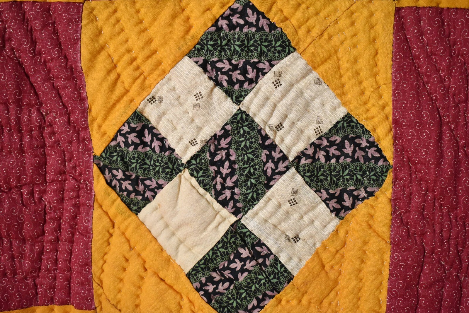 Vintage 1890's Nine Patch on Point Antique Quilt, Burgundy & Cheddar Ground! | eBay