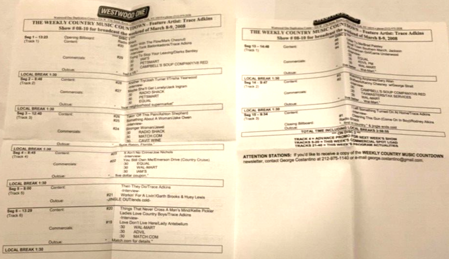 3/8/08 WEEKLY TOP 30 COUNTRY COUNTDOWN,CO-HOST TRACE ADKINS; TAYLOR ...