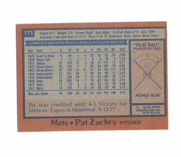 Pat Zachry New York Mets Pitcher #171 Topps 1978 #Baseball Card | eBay