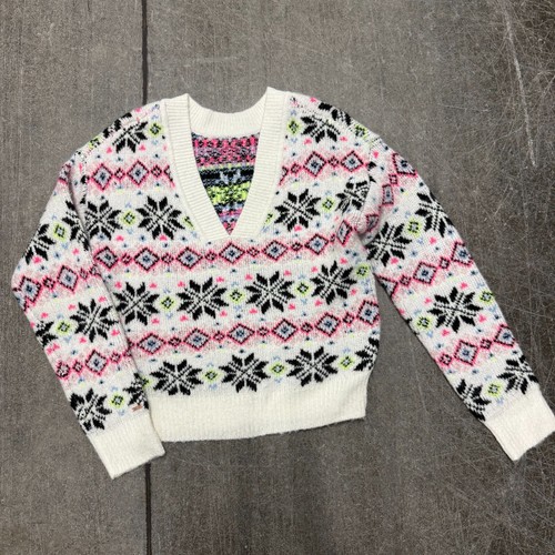 PINK Crop Sweater Womens XS Multi Snowflake Print Chunky-Knit Long ...