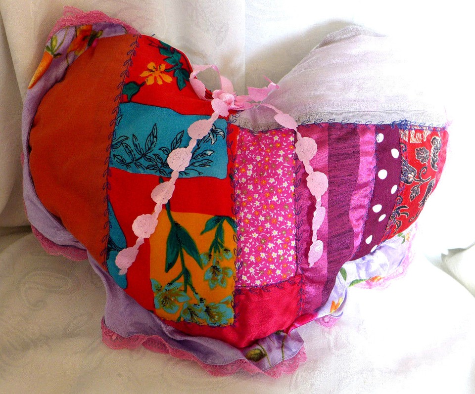 quilted HANDMADE pillow PINK COLORS SPECIAL HEART SHAPE WITH LACE AND ...