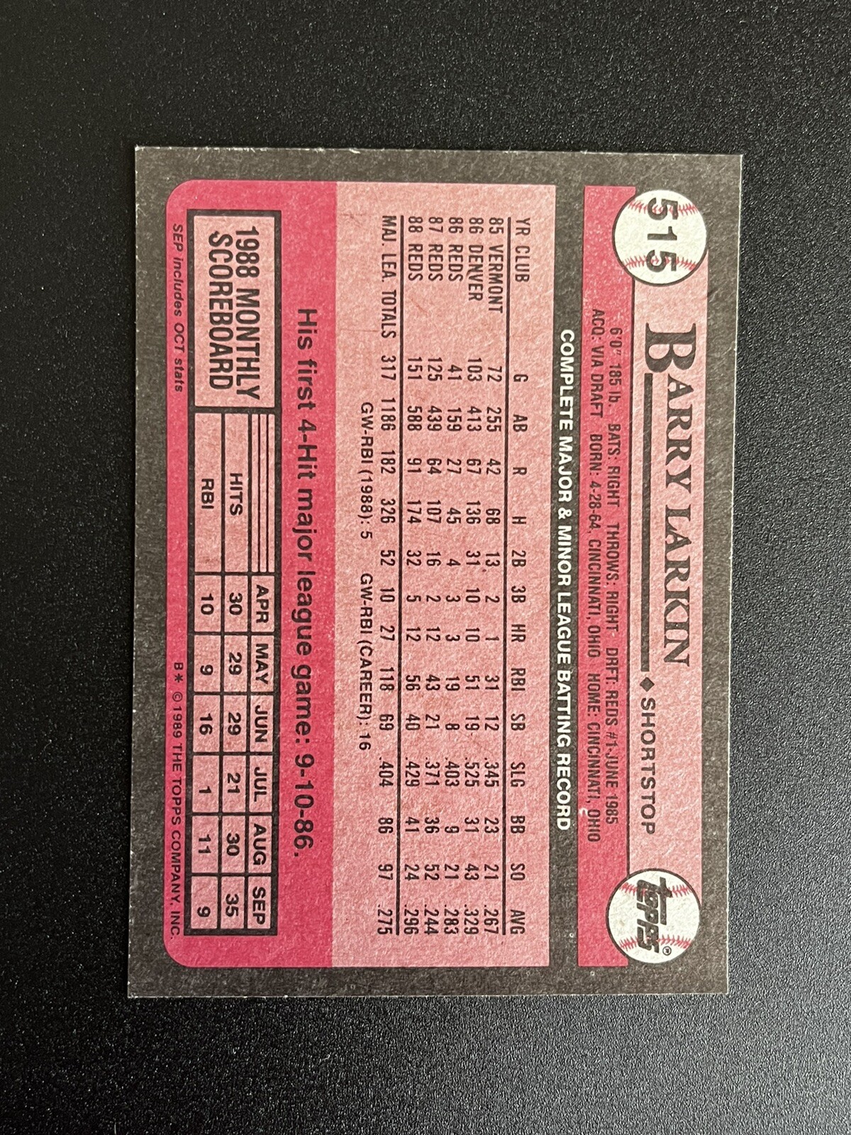 1989 Topps Barry Larkin 515 Cincinnati Reds Hof Ebay