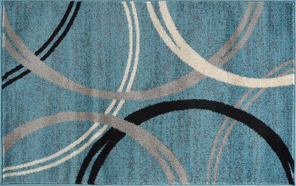 27 x 4 Blue Modern Accent Rug, Wavy Circles Design, Fade-Resistant ...