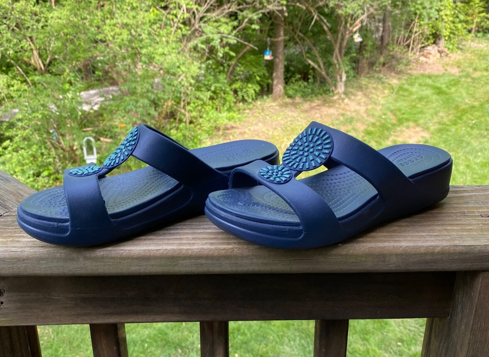 Crocs Monterey Diamante Wedge Sandals Navy Blue Embellished Women's ...