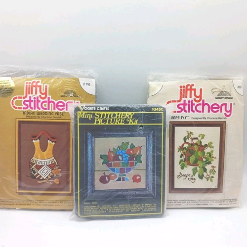 Vintage Embroidery Kit Lot Of 3 Ivy, Indian Vase, Fruit Bowl Jiffy ...
