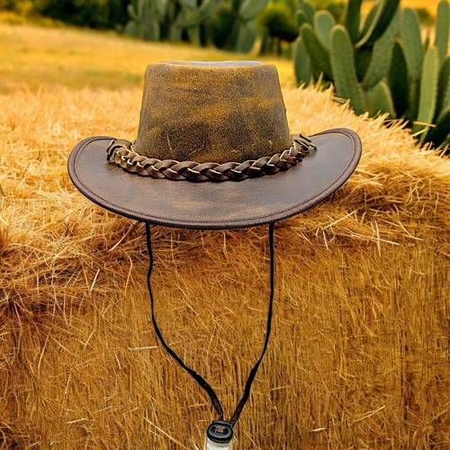 Men's 100%Real Leather Bush Cowboy Vintage Hat Outback Australian ...