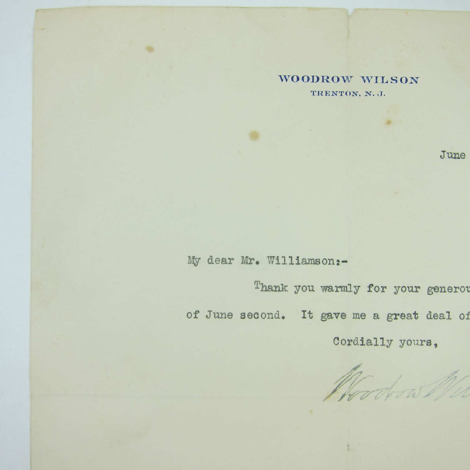Woodrow Wilson Signed Typed Letter Piatt Williamson Presidential ...