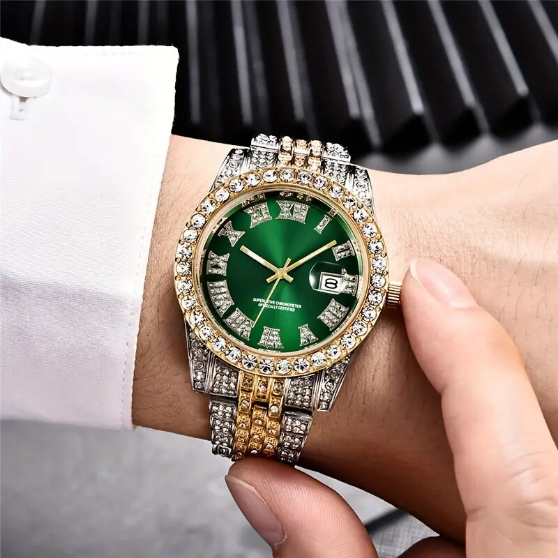 MEN'S HIP HOP GREEN DIAL LUXURY WATCH & ICED CUBAN BOX LOCK BRACELET ...