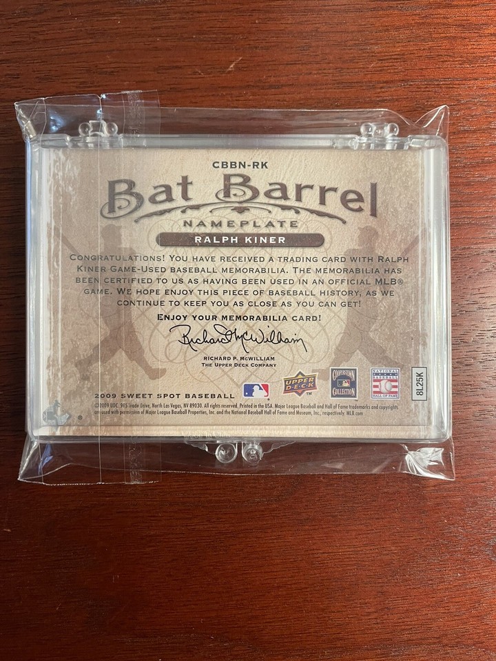 2009 Upper Deck Sweet Spot Ralph Kiner HOF Bat Barrel Nameplate Pirates ...