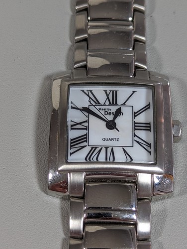 Steel By Design White Dial Silver Tone Square Case Link Stainless Steel ...
