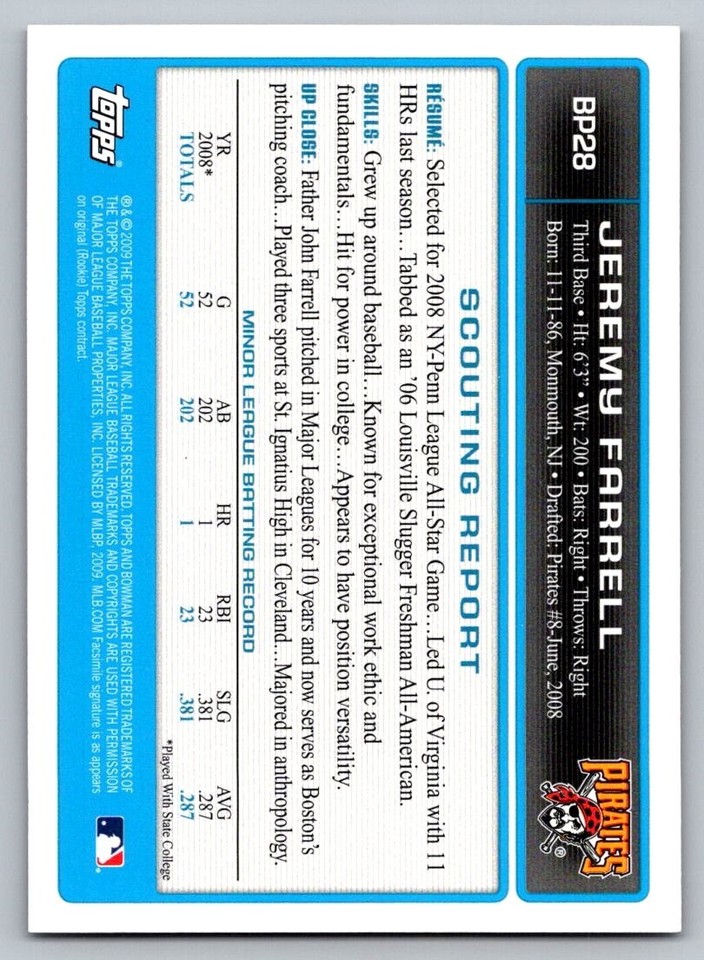 2009 Bowman Baseball Jeremy Farrell Pittsburgh Pirates BP28 | eBay