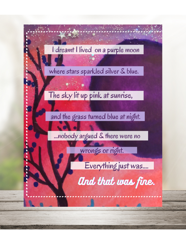 ACEO Original Art Print W/ Poem Purple Moon & Tree w/ pink background ...