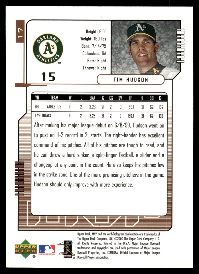 2000 Upper Deck MVP Tim Hudson #17 Oakland Athletics Baseball Card | eBay