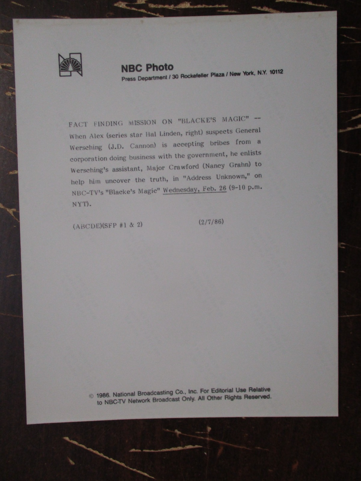 PRESS PROMO PHOTO TV BLACKE'S MAGIC HAL LINDEN J.D. CANNON NANCY GRAHN ...