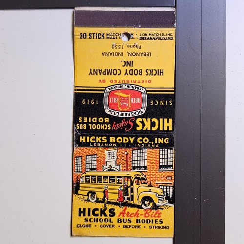 Hicks Body Co Lebanon Indiana 1950s School Bus Design Matchbook | eBay