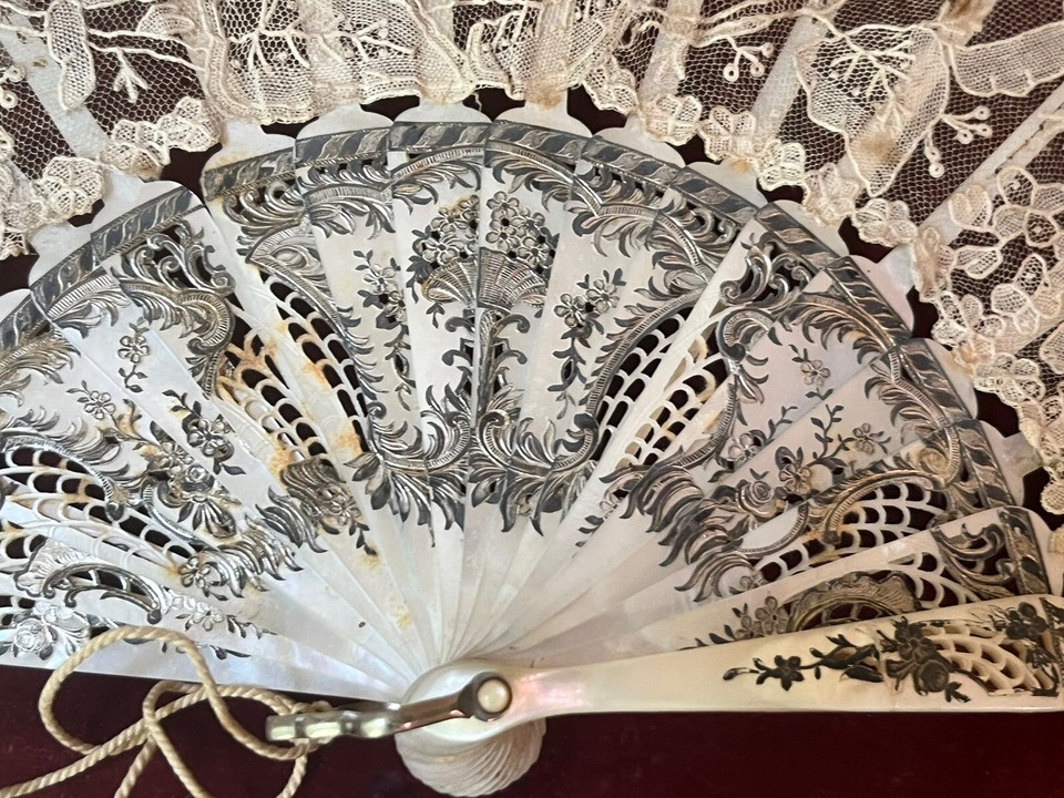 Antique 19th Century Point De Gaze lace mother MOP Pearl silver Hand ...