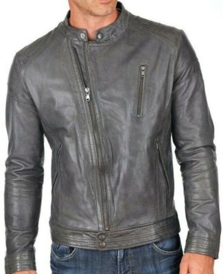 Gray Leather Jacket For Men's 100% Genuine Lambskin Motorcycle Biker ...
