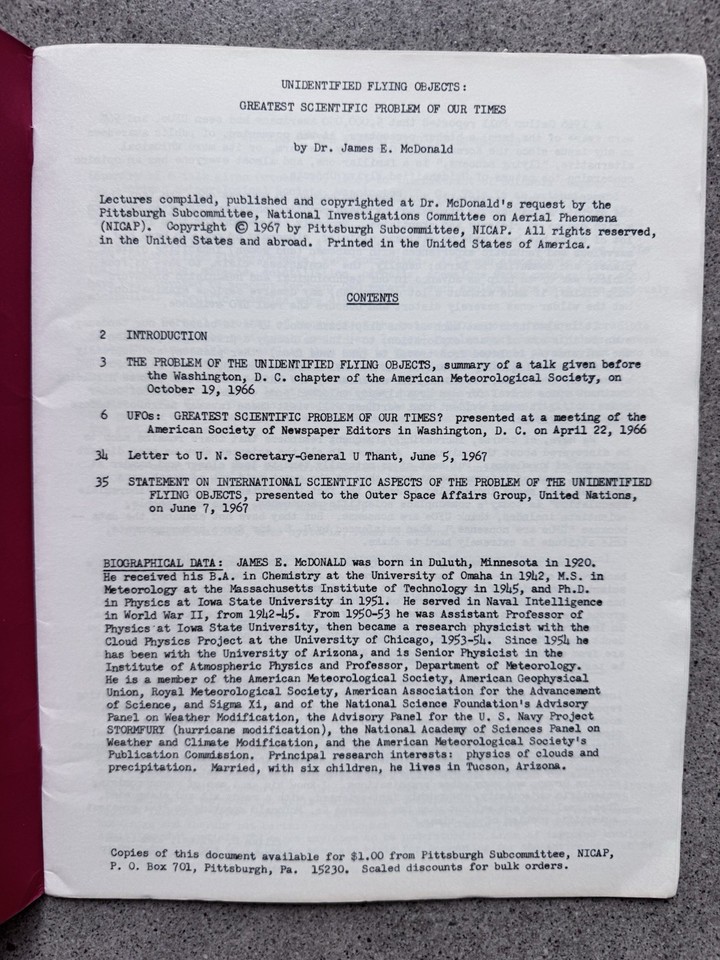 Unidentified Flying Objects – Dr. James E. McDonald, NICAP 1967 UFO ...