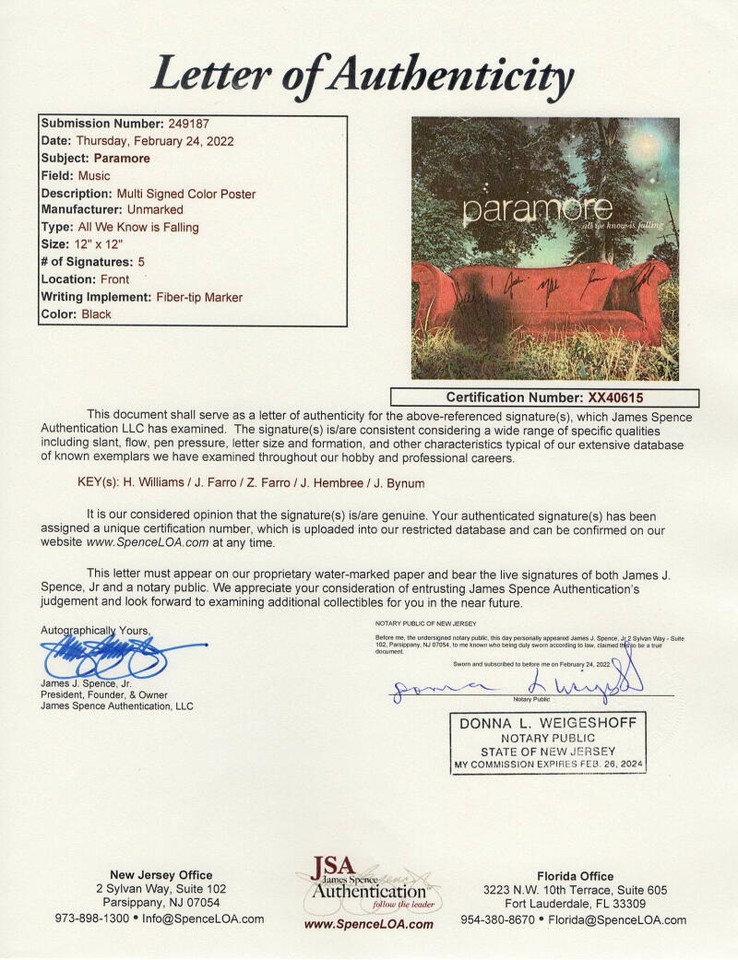 PARAMORE BAND (X5) SIGNED AUTOGRAPH 12X12 ALL WE KNOW IS FALLING ALBUM ...