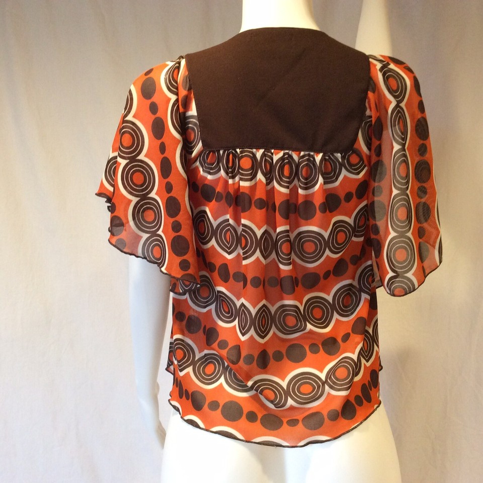 Zara Collection Butterfly Sleeve Funky Orange Brown Dots Sheer Flowing ...